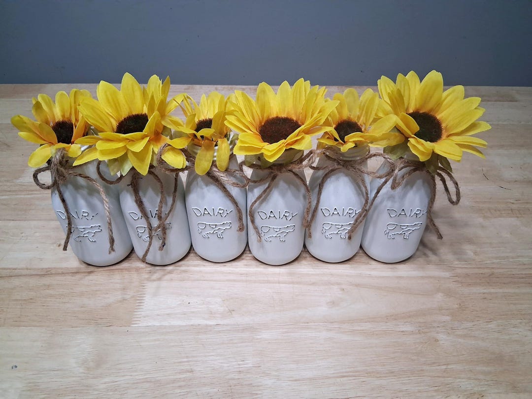Milk Bottle Centerpiece, Sunflower Jars Table Centerpiece, White Milk Bottles, Summer Home Decor ...