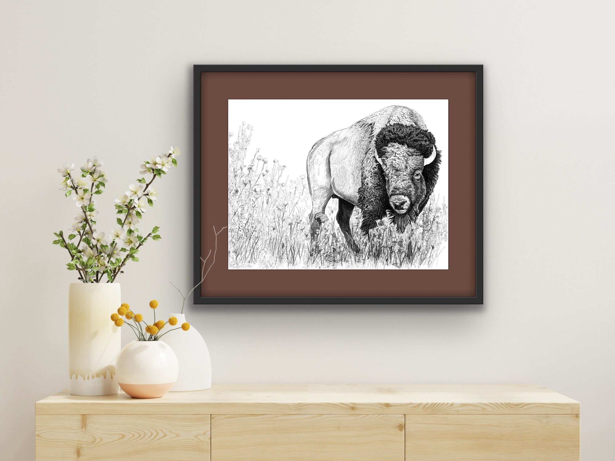 Buffalo PRINT Art Pen Ink Drawing Southwest Nature Wildlife Artwork ...