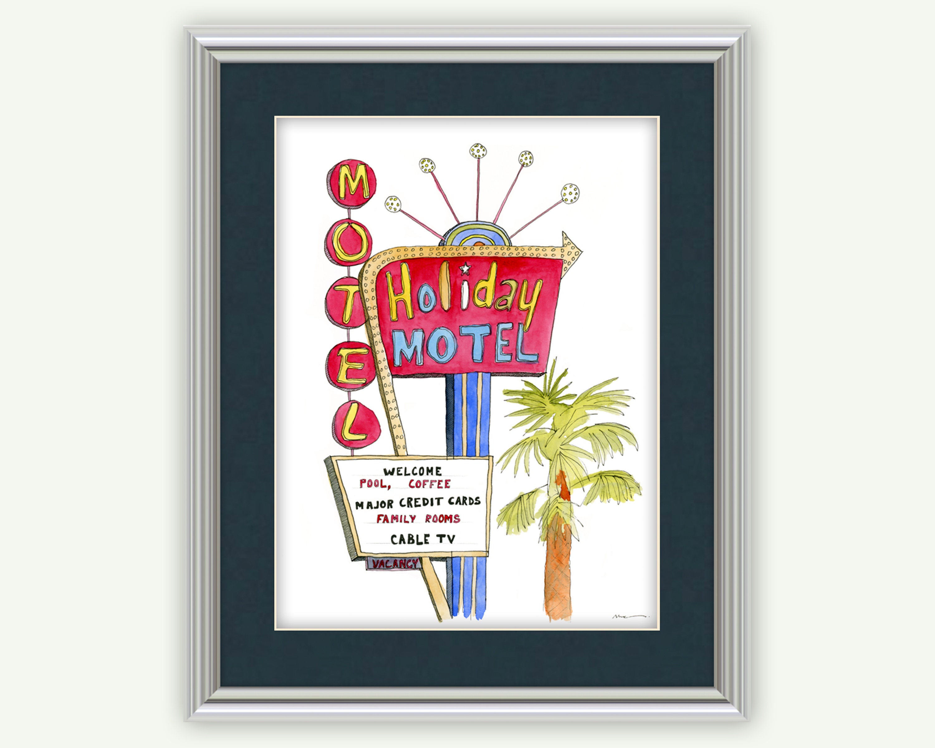 Holiday Motel Watercolor PRINT Route 66 Neon Pen Ink Drawing - Etsy