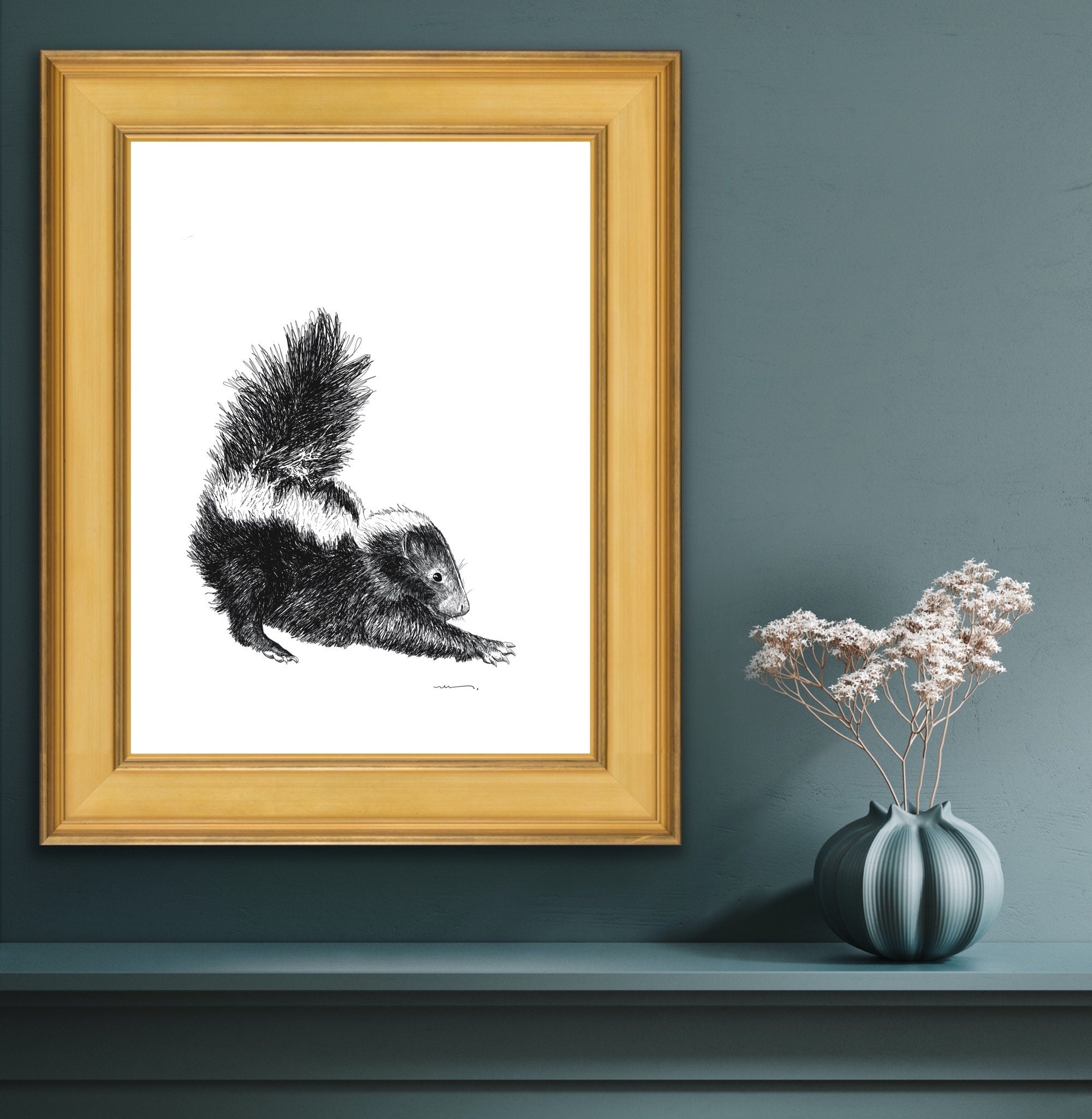 Downward Facing Skunk PRINT Pen Ink Drawing Nature Wildlife Artwork Contemporary Wall Hanging ...