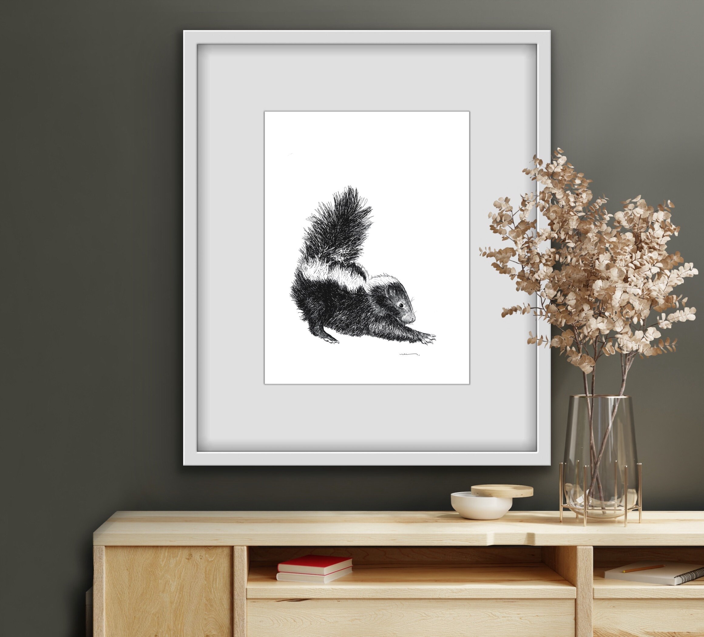 Downward Facing Skunk PRINT Pen Ink Drawing Nature Wildlife Artwork Contemporary Wall Hanging ...
