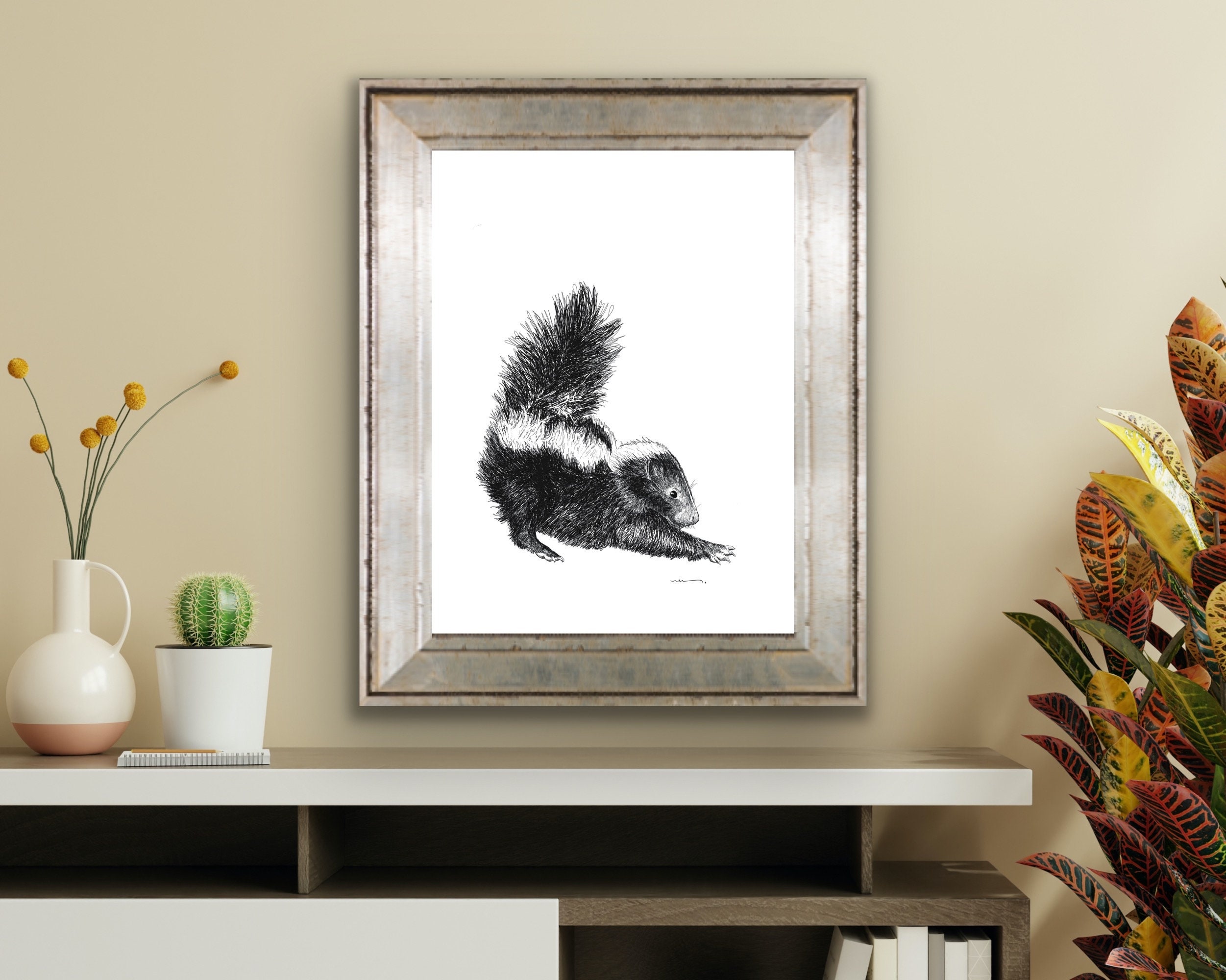 Downward Facing Skunk PRINT Pen Ink Drawing Nature Wildlife Artwork Contemporary Wall Hanging ...