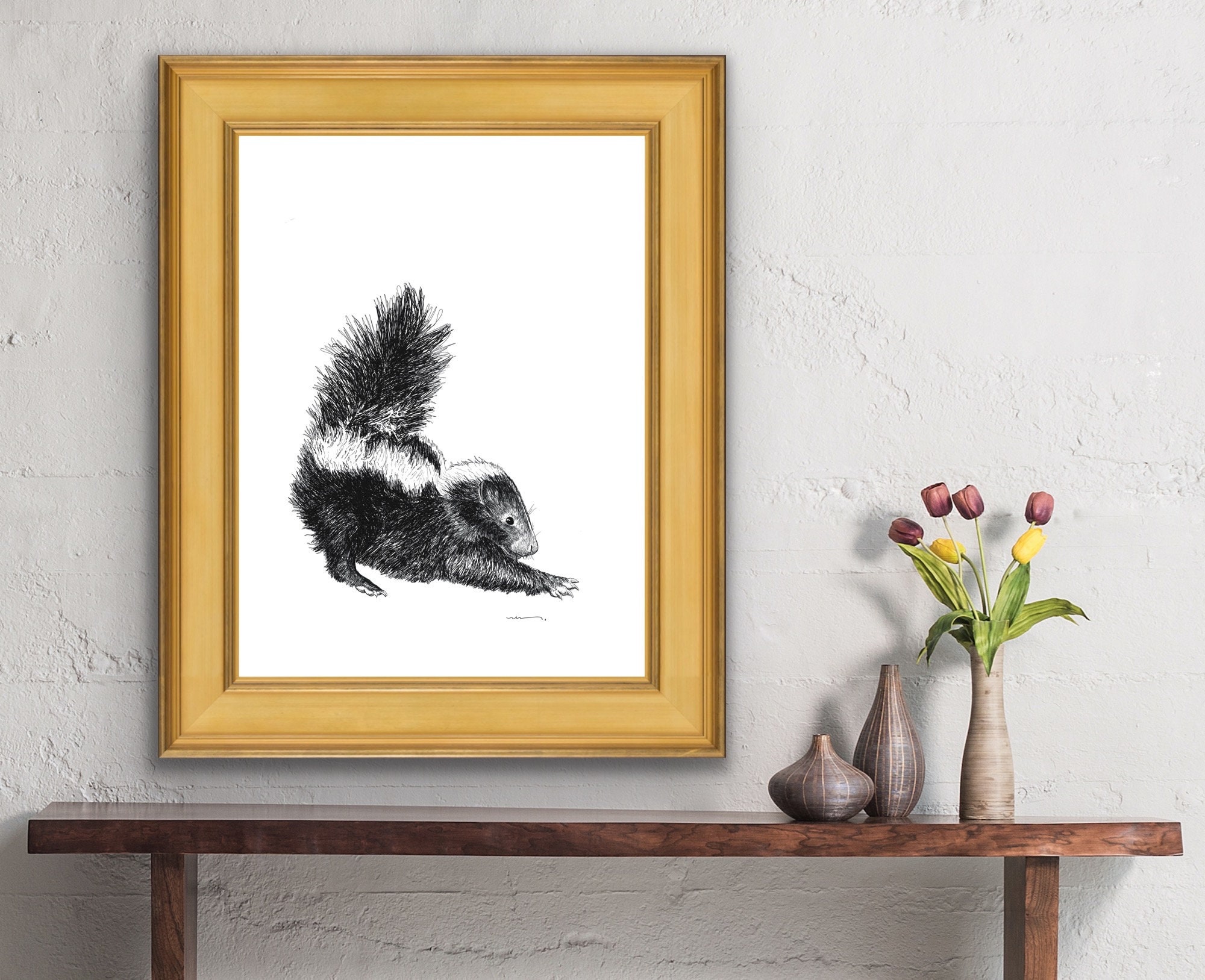 Downward Facing Skunk PRINT Pen Ink Drawing Nature Wildlife Artwork Contemporary Wall Hanging ...