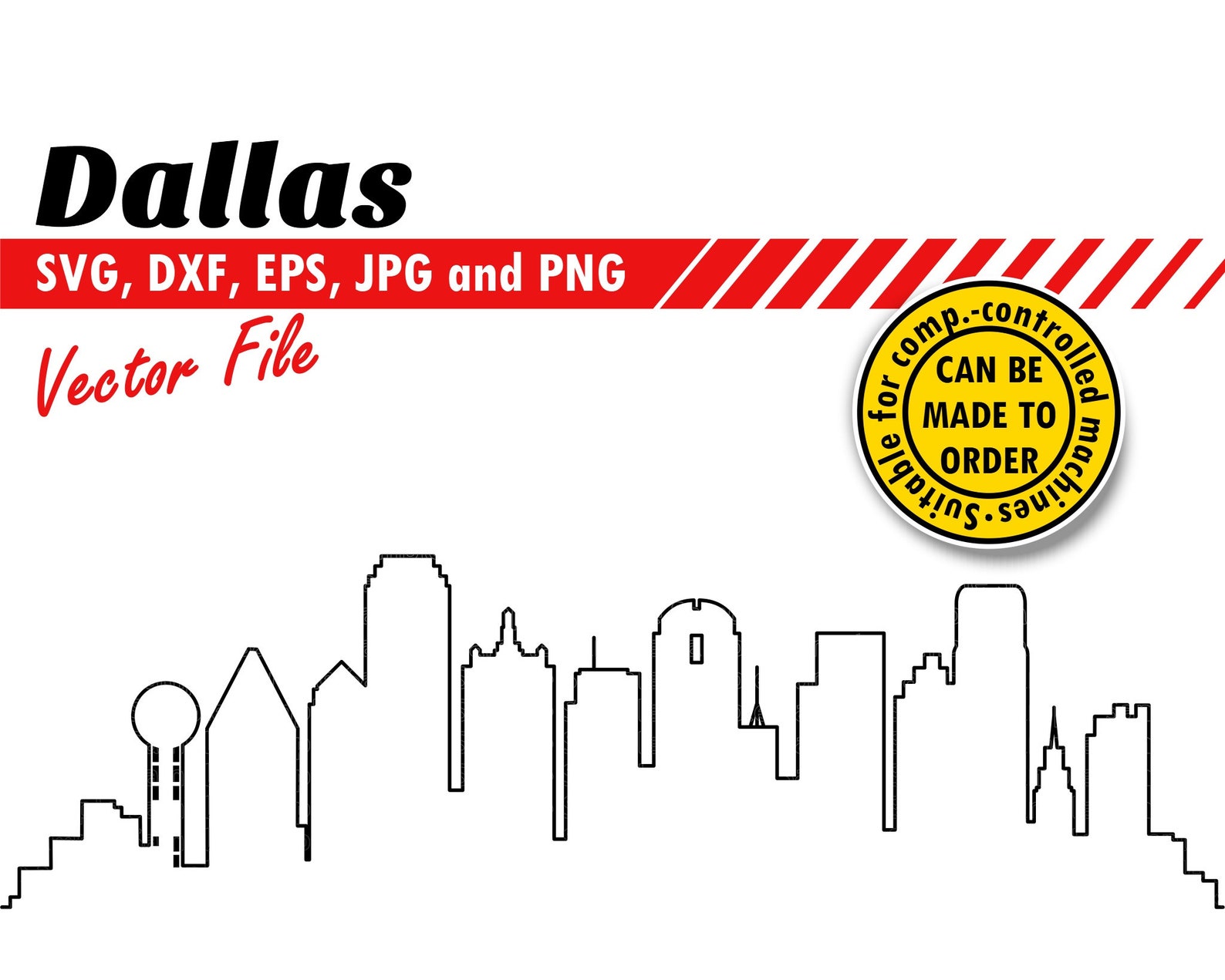 Dallas Skyline Outline Svg, Dxf, Eps, Jpg, Png. Line Cityscape for ...