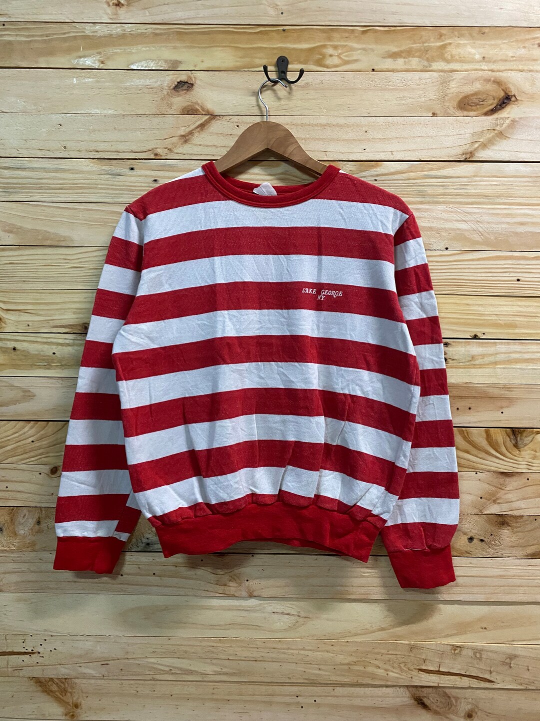 Vintage 80s LAKE GEORGE Small Script Striped Sweatshirt Size L Fits M ...