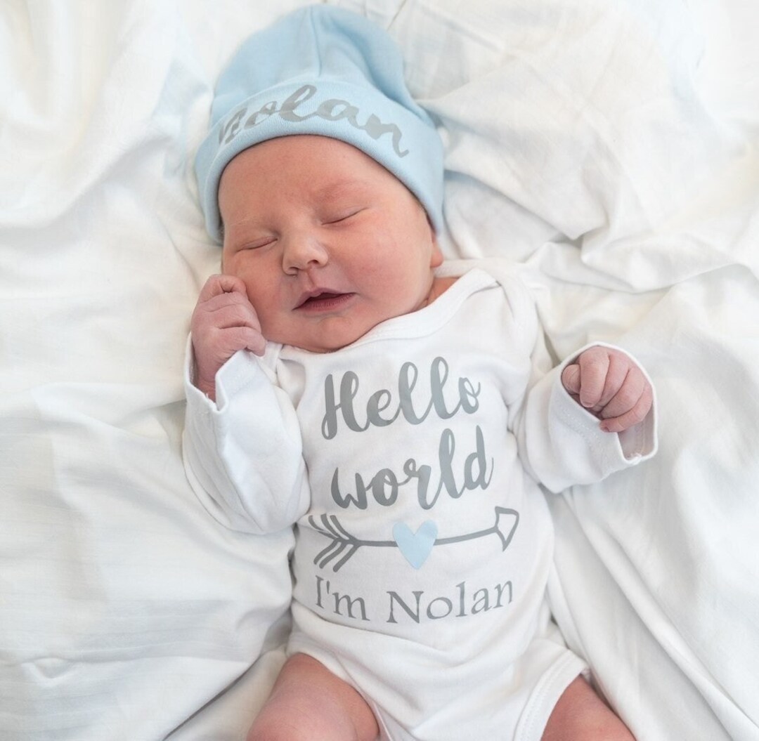 Newborn Hello World Outfit Personalized Bodysuit and Hat, Custom Baby ...
