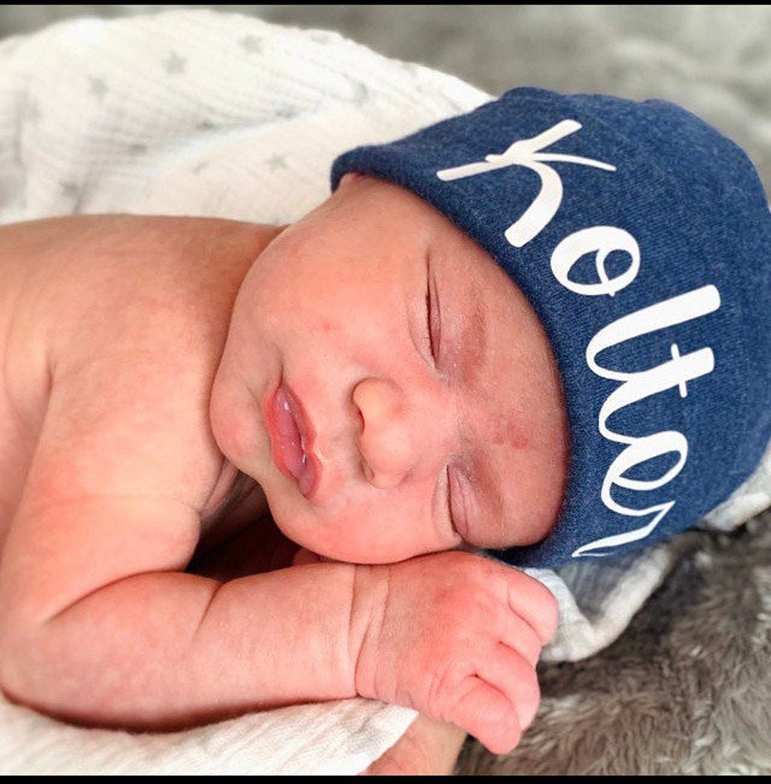 Newborn Baby Beanie Personalized Name, Custom Hospital Beanie, Baby Boy ...