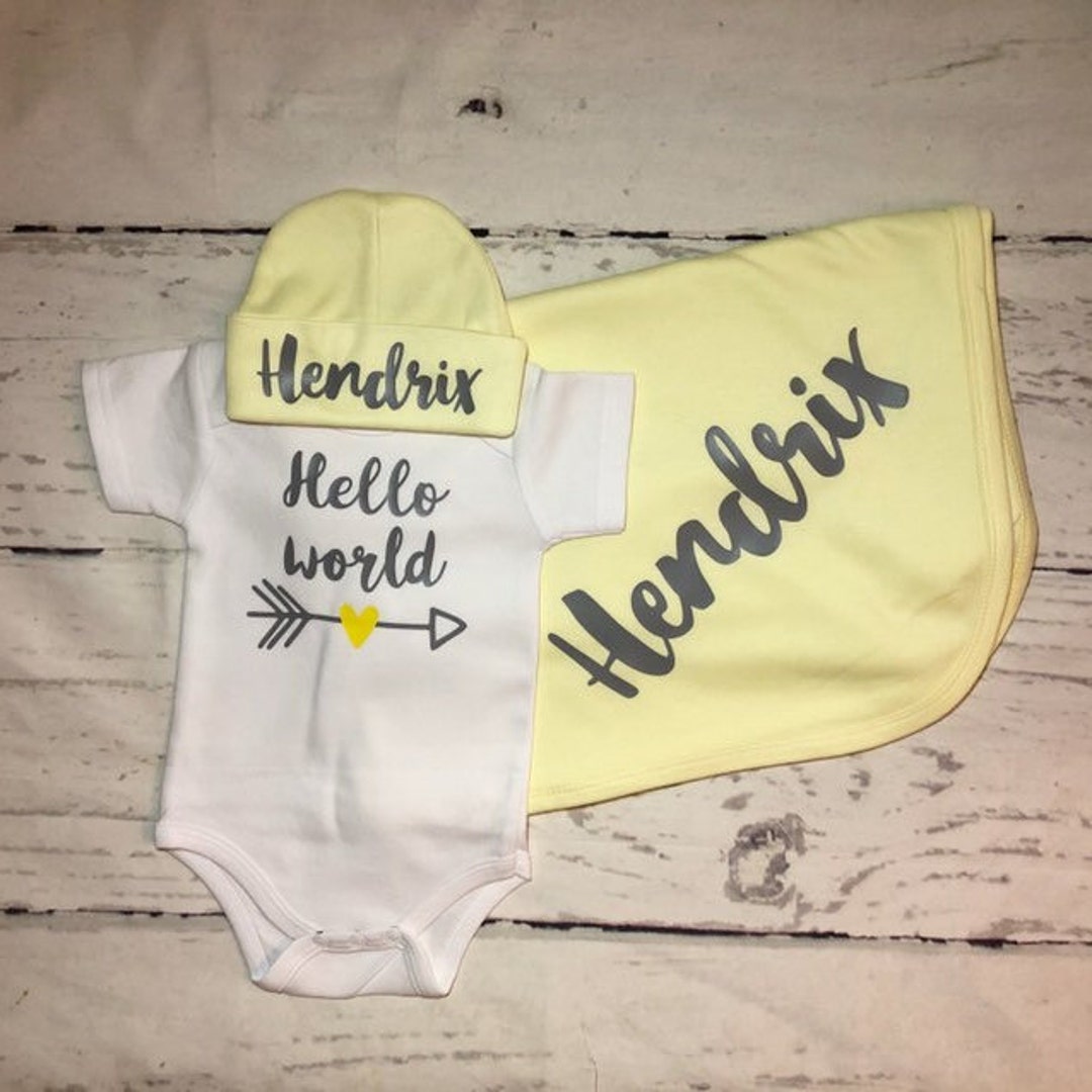 Hello World Yellow Baby Coming Home Outfit Personalized Gender Neutral ...