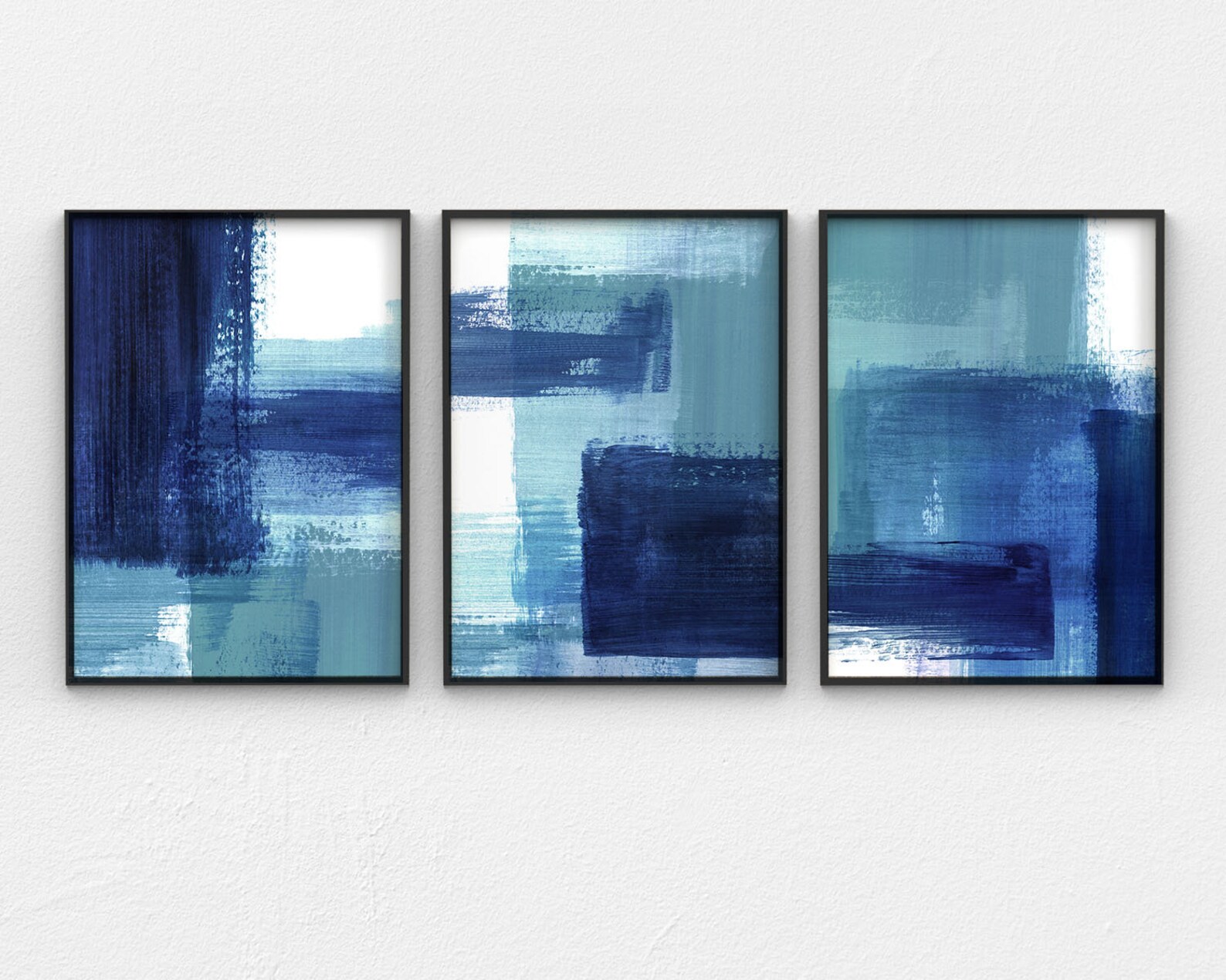 Abstract Painting Set of 3 in Teal and Navy Blue Abstract Art - Etsy ...
