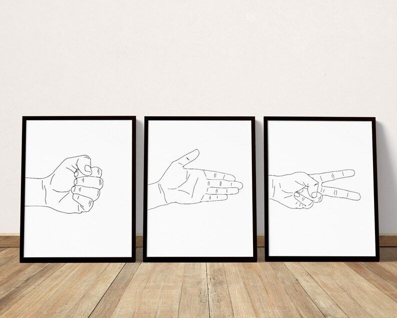 Paper Scissors Rock Set of 3 Printable Wall Art Black and White Decor ...