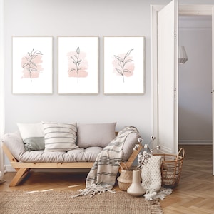 3 Piece Flower Line Drawing Triptych Featuring Pastel Pink Watercolor ...