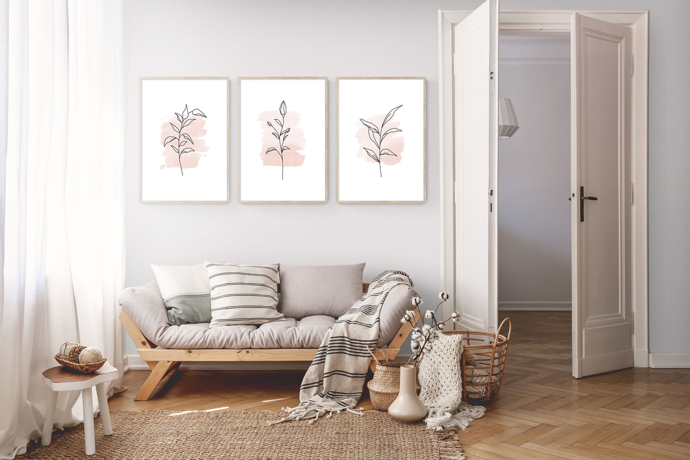 3 Piece Flower Line Drawing Triptych Featuring Pastel Pink | Etsy