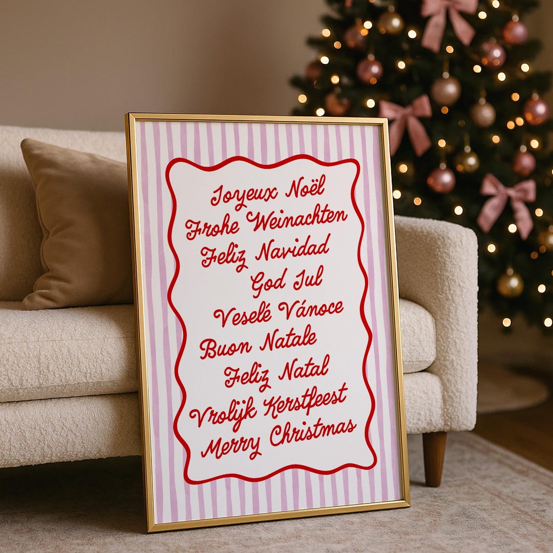 Merry Christmas Multilingual Printable Wall Art, Pink Stripe Holiday ...