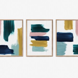 Printable Abstract Wall Art Set of 3 in Teal, Mustard, Navy and Blush ...
