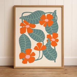 Bold Orange Floral Wall Art Print – Mid Century Botanical Poster, Retro ...