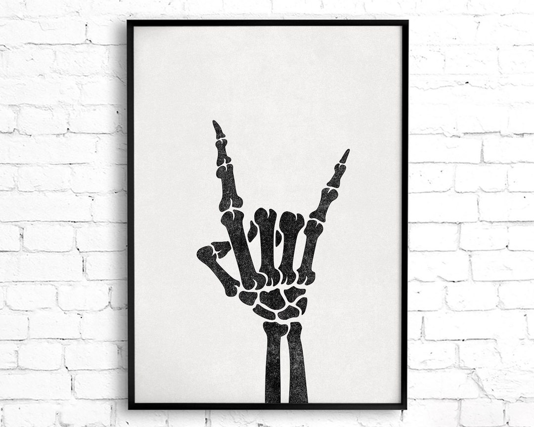 Skeleton Hand Printable Wall Art Devils Horns Hand Gesture Skeleton Print Gothic Home Decor Fun ...