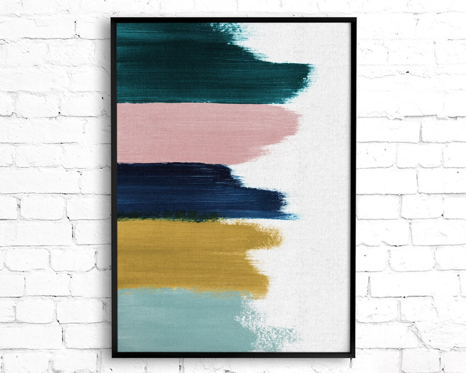 Abstract Painting Featuring Teal Mustard Navy Blue and Blush | Etsy