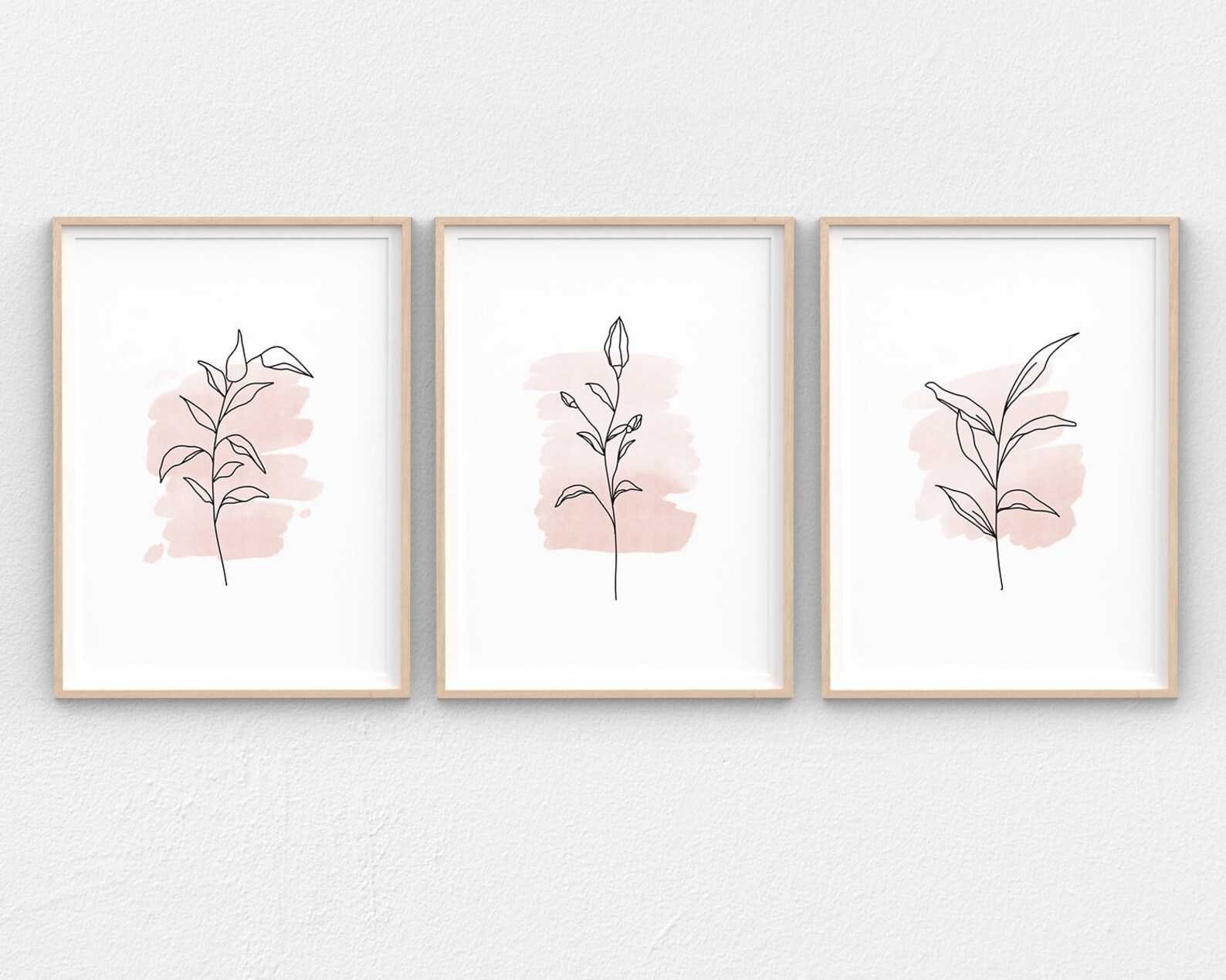 3 Piece Flower Line Drawing Triptych Featuring Pastel Pink | Etsy