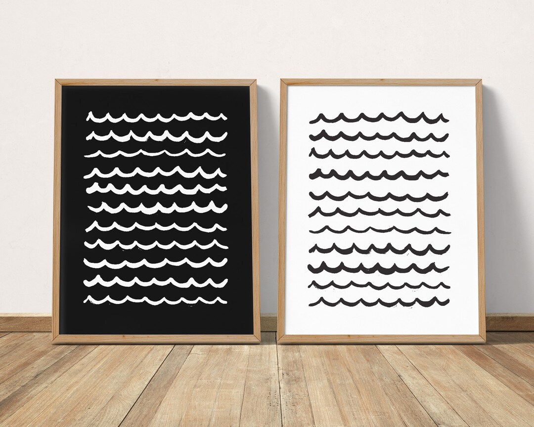 Black and White Wave Wall Art Set of 2, Printable Wall Art Scandinavian ...