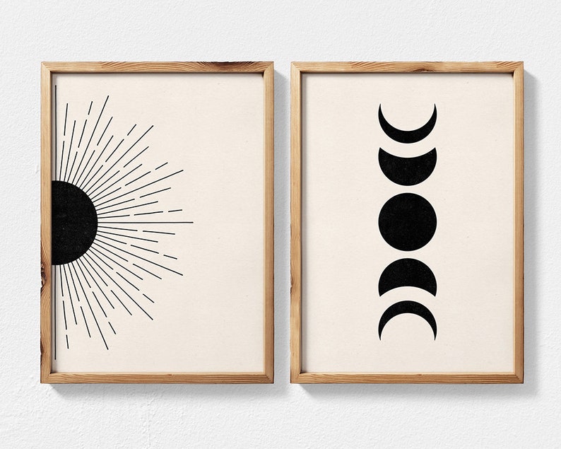 Abstract Sun and Moon Phases Boho Wall Art Set Midcentury | Etsy