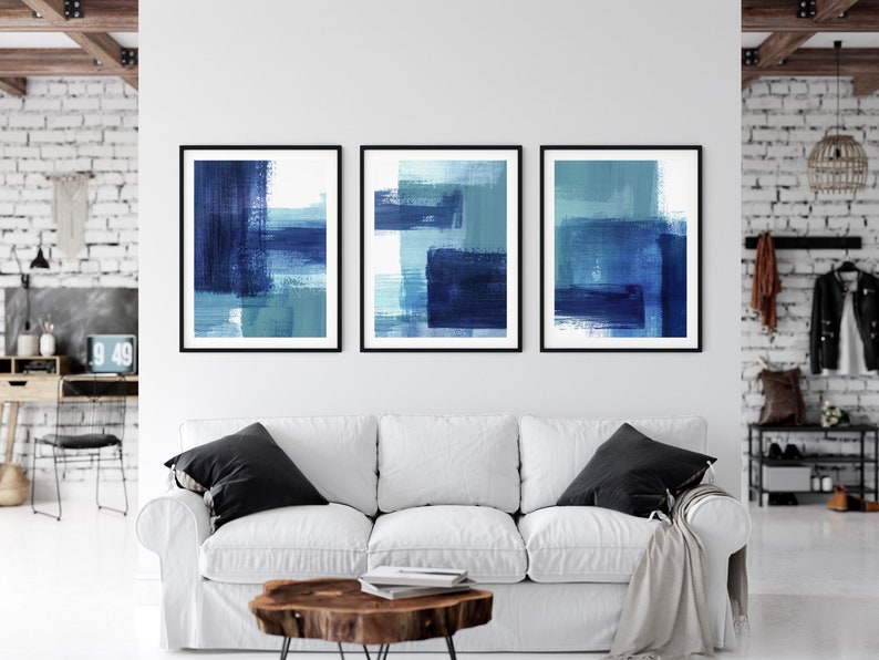 Abstract Painting Set of 3 in Teal and Navy Blue Abstract Art - Etsy ...