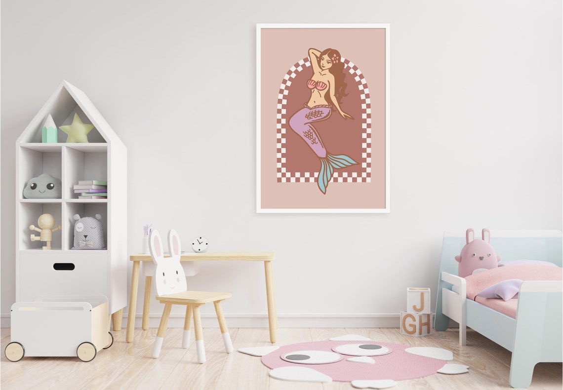Mermaid Wall Art With Checkered Arch Cool Girls Room Decor, Vintage ...