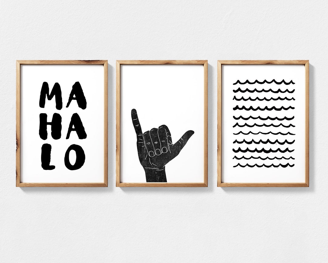 Hawaii Art Featuring Mahalo, Shaka Hand and Waves Set of 3 Printable ...