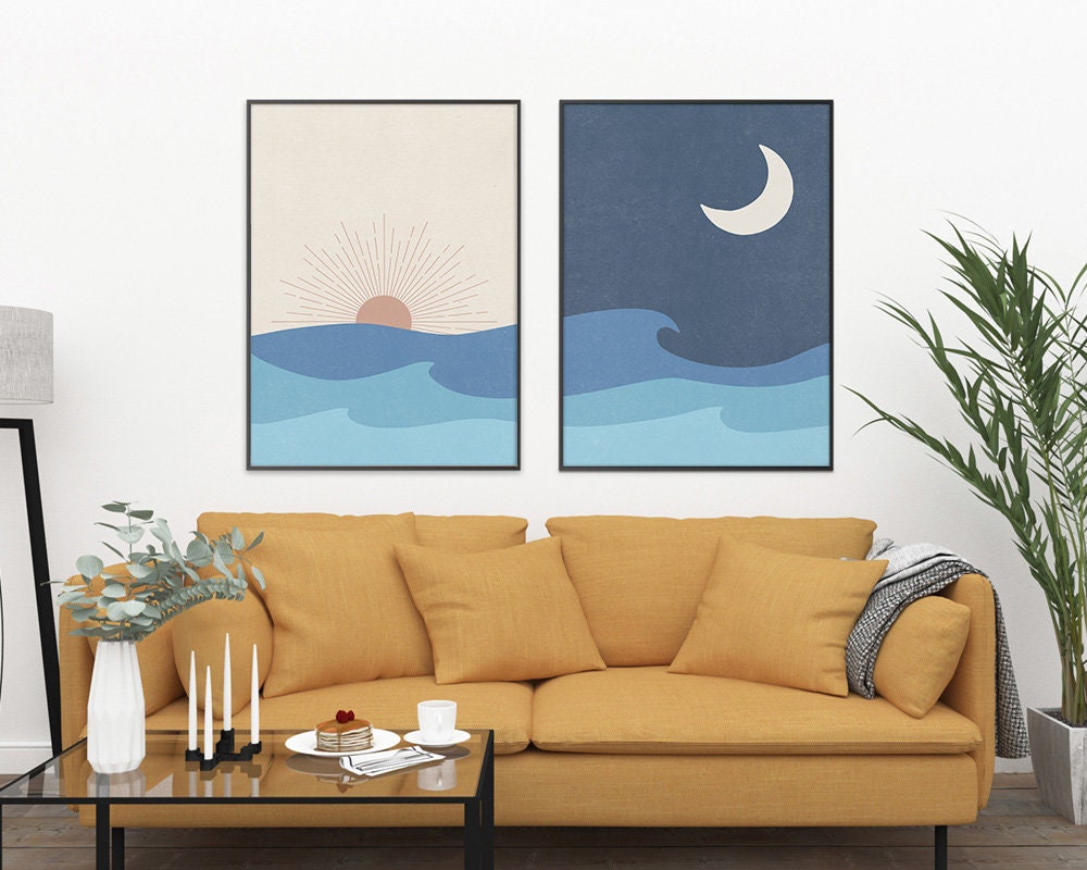 Set of 2 Sunburst Art Sun and Moon Ocean Wall Art Abstract | Etsy