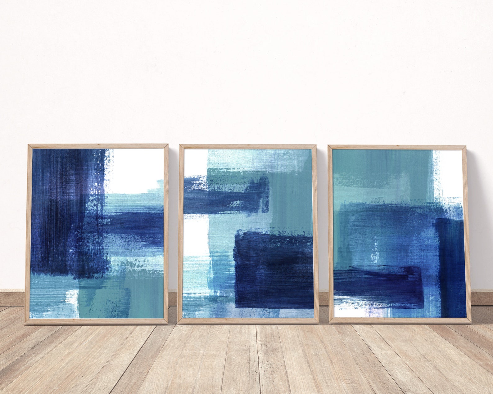 Abstract Painting Set of 3 in Teal and Navy Blue Abstract Art - Etsy