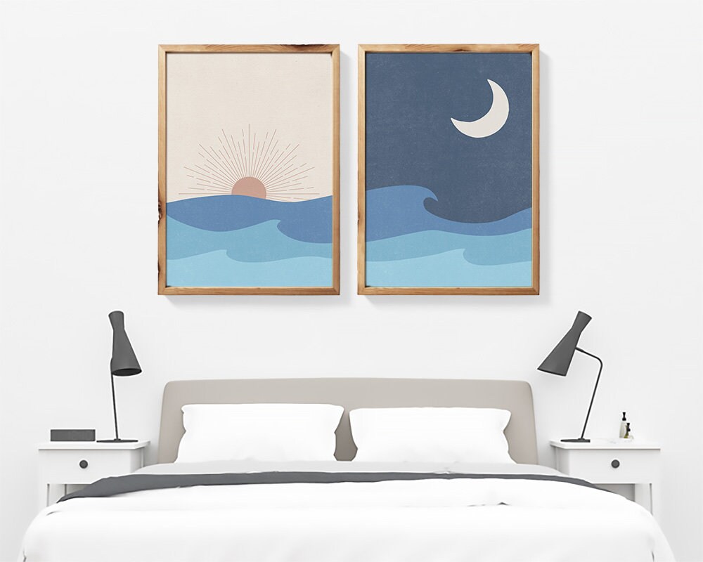 Set of 2 Sunburst Art Sun and Moon Ocean Wall Art Abstract - Etsy