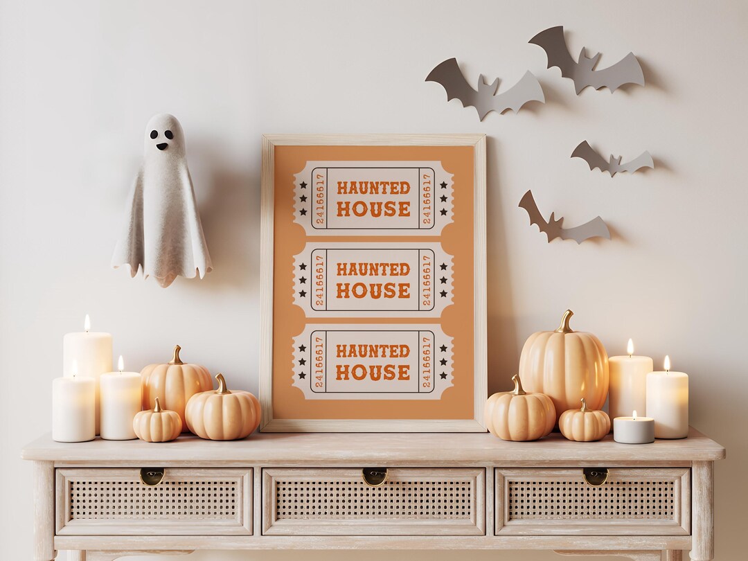 Haunted House Tickets Halloween Wall Art Printable – Retro Orange ...