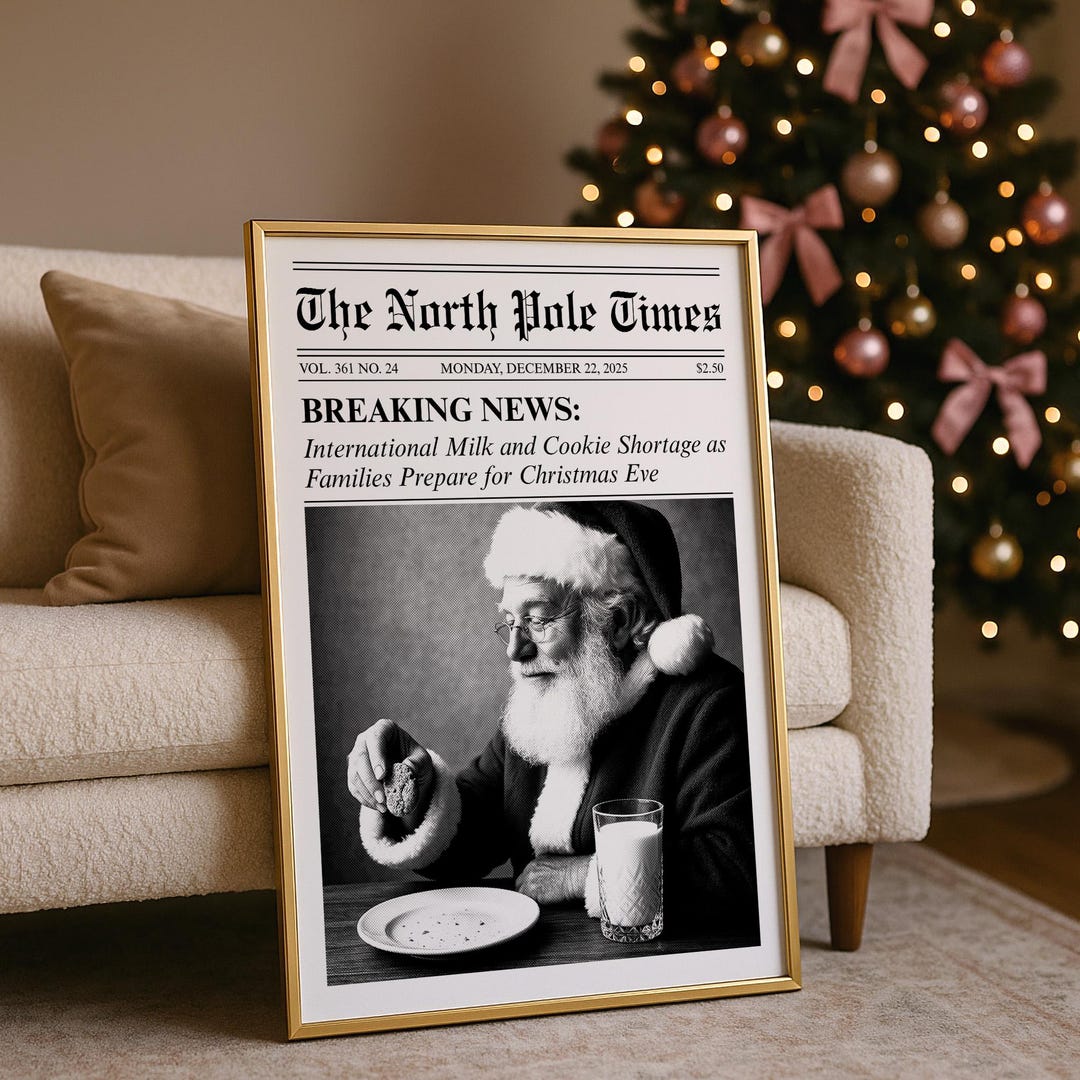 Santa Newspaper Christmas Wall Art, Vintage Black and White North Pole ...