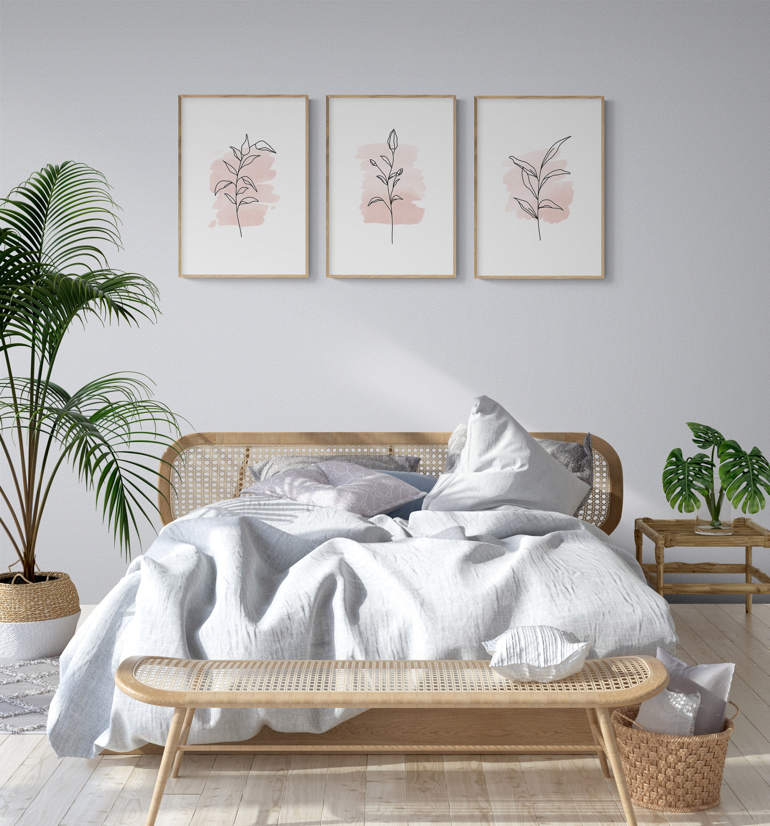 3 Piece Flower Line Drawing Triptych Featuring Pastel Pink - Etsy Australia