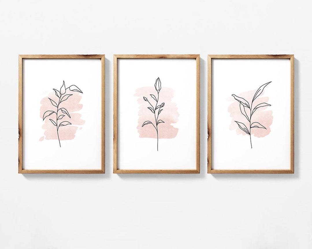 3 Piece Flower Line Drawing Triptych Featuring Pastel Pink Watercolor ...