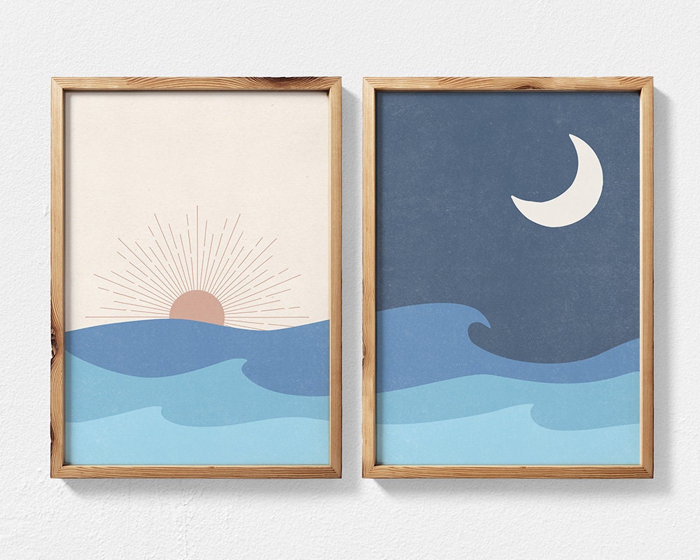 Set of 2 Sunburst Art Sun and Moon Ocean Wall Art Abstract - Etsy