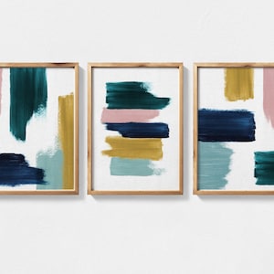 Printable Abstract Wall Art Set of 3 in Teal Mustard Navy - Etsy