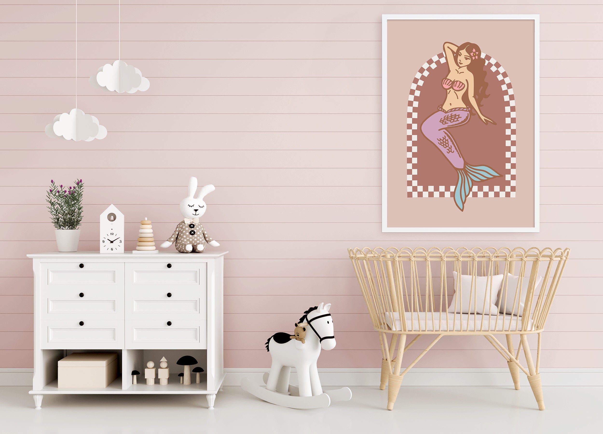 Mermaid Wall Art With Checkered Arch Cool Girls Room Decor, Vintage ...