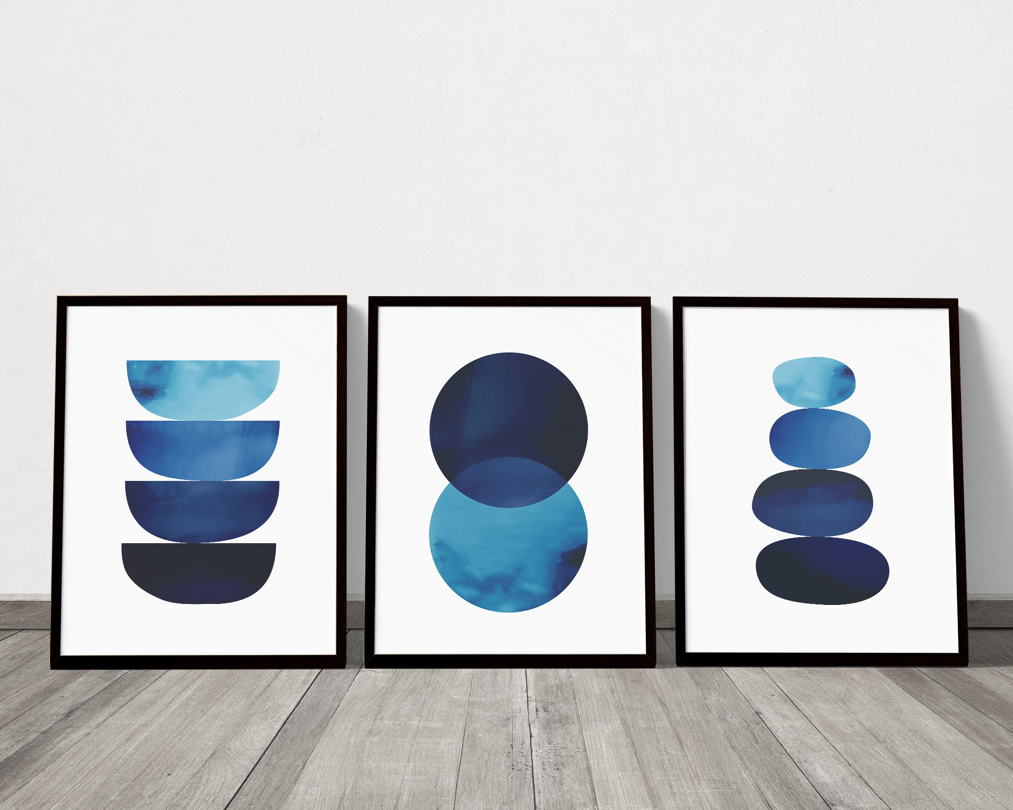 Abstract Art Geometric Art Set of 3 Blue Ombre Coastal Wall Art Navy ...