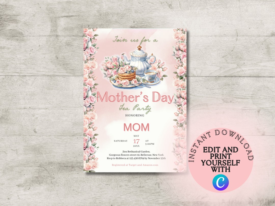 Editable Mother's Day Tea Party Invitation, Girl Par-tea Invite, Floral ...