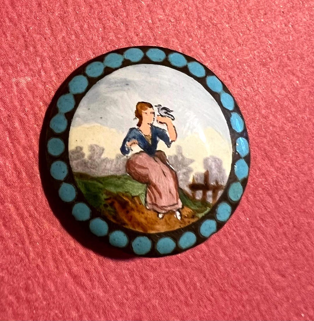 Enamel Button Lady Holding Bird. - Etsy