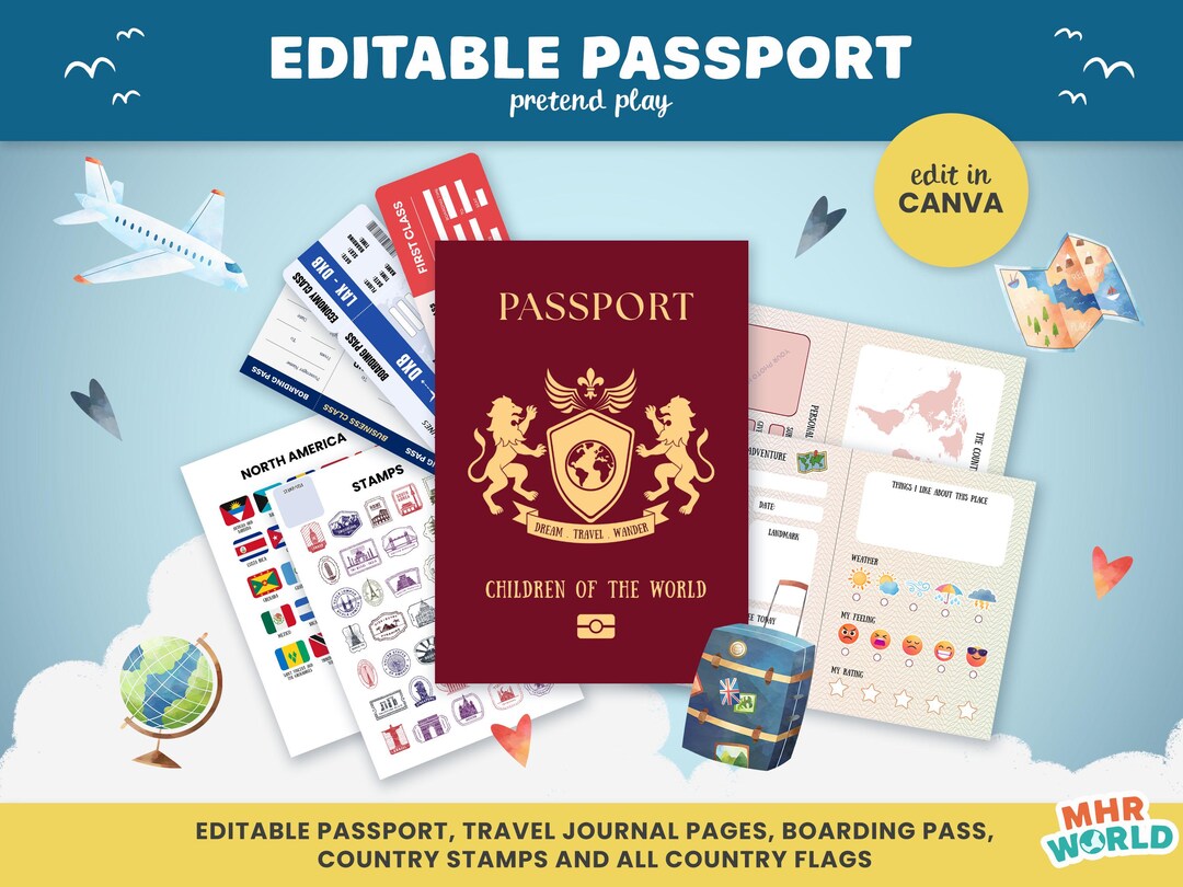 Pretend Play Passport for Kids, Printable Boarding Pass, Country ...