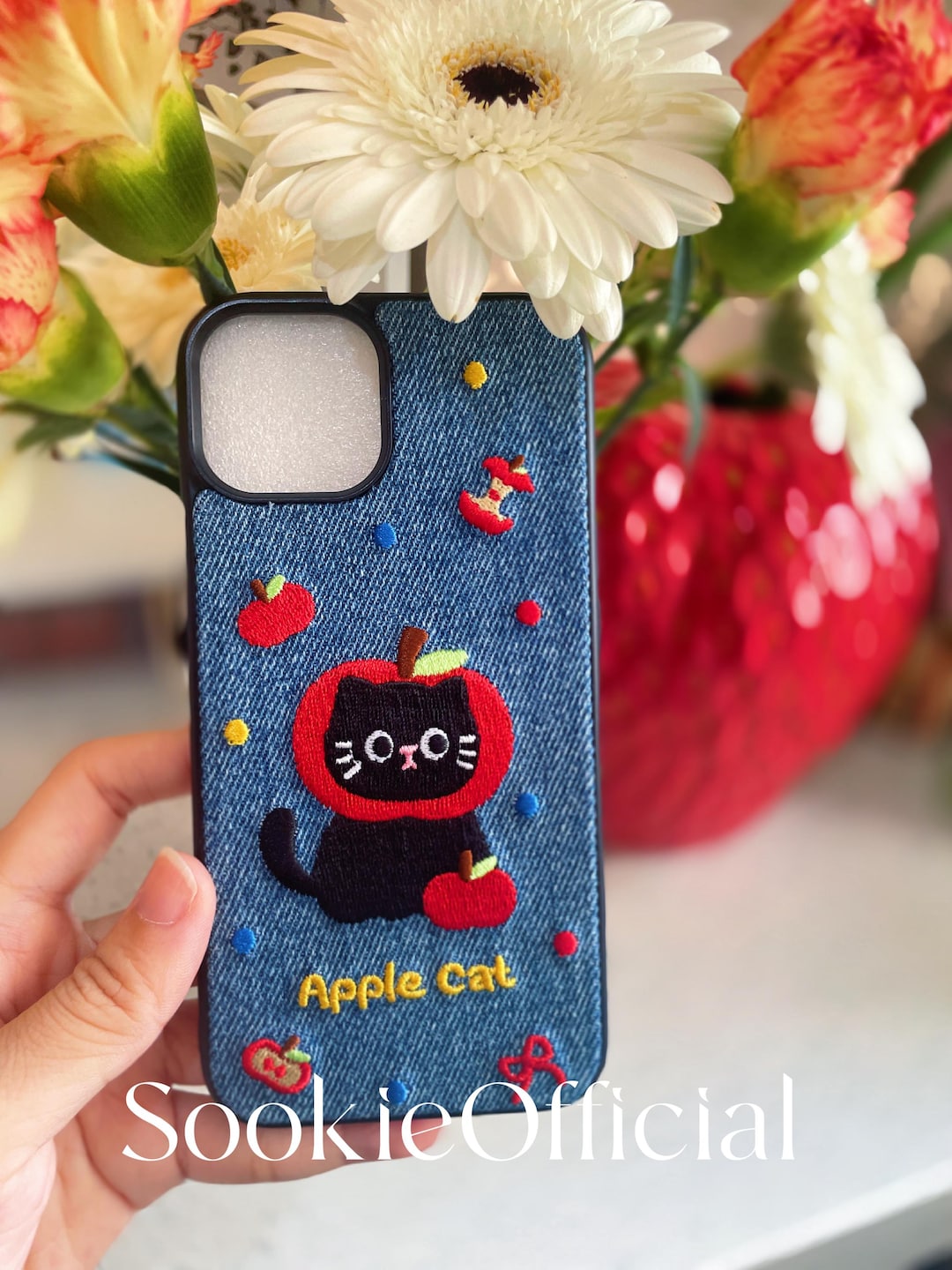 Embroidered Apple Cat Denim iPhone Case, Girly Phone Cover - Etsy