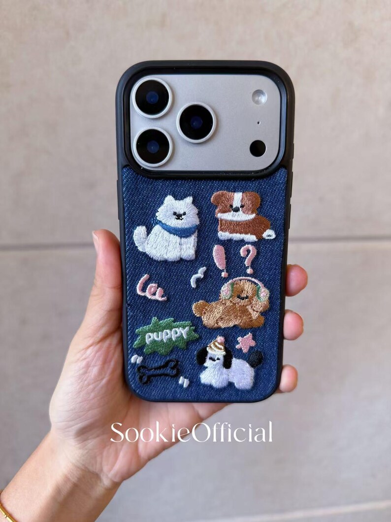 Embroidered Puppy iPhone Case: Denim Style Dog Lover Gift - Etsy