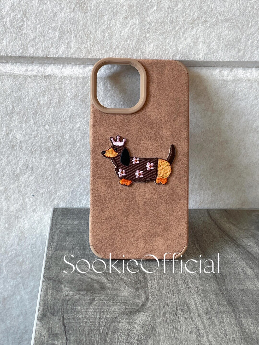 Brown Suede Embroidered Dog Drop-proof Phone Case iPhone 12 13 14 15 16 ...