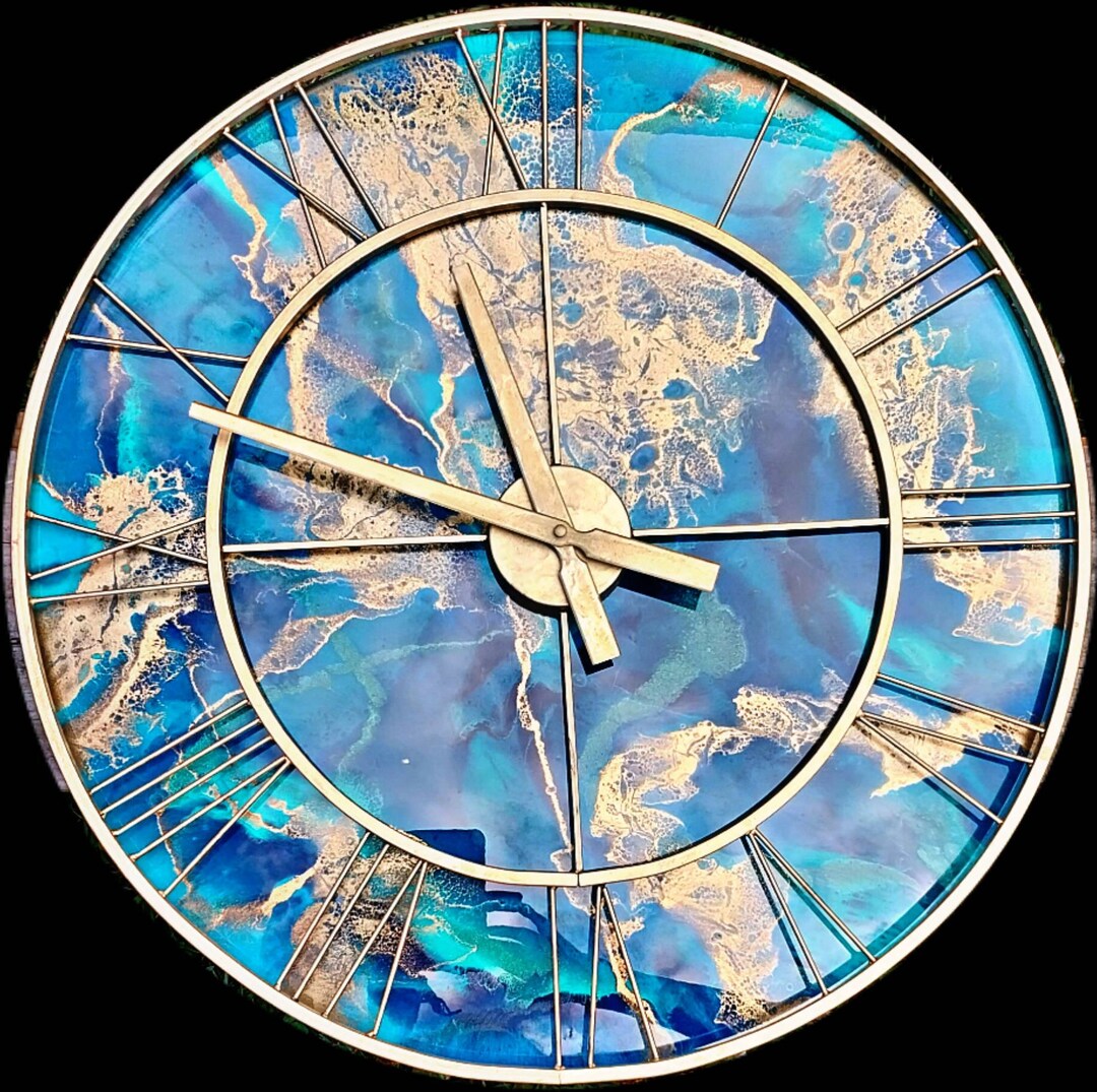 High Gloss Resin Clock With Wrought Iron Roman Numeral Face Aqua ...