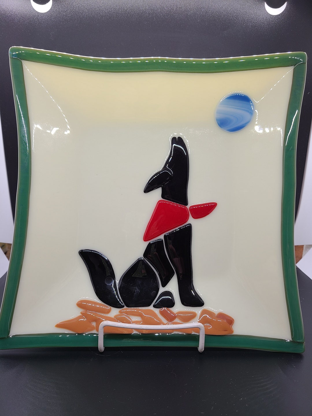 Plate, Coyote With Green Trim, Serving Plate, Handmade, Fused Glass ...