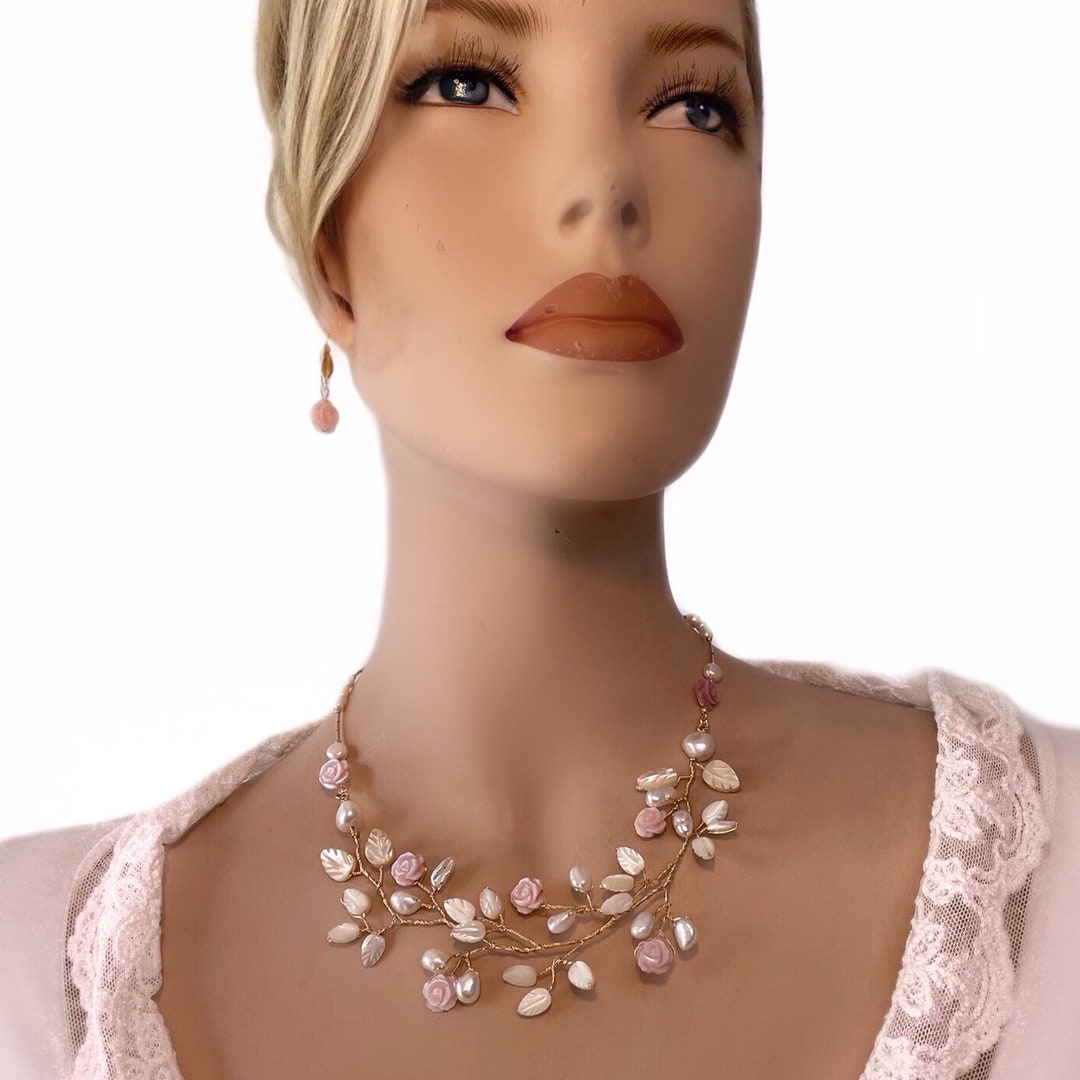 Bridal Pink Roses Jewelry Set:14k Gold Filled Vine Necklace With Conch ...
