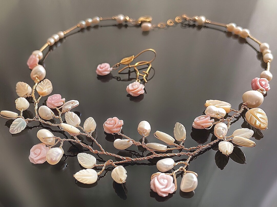 Bridal Pink Roses Jewelry Set:14k Gold Filled Vine Necklace - Etsy