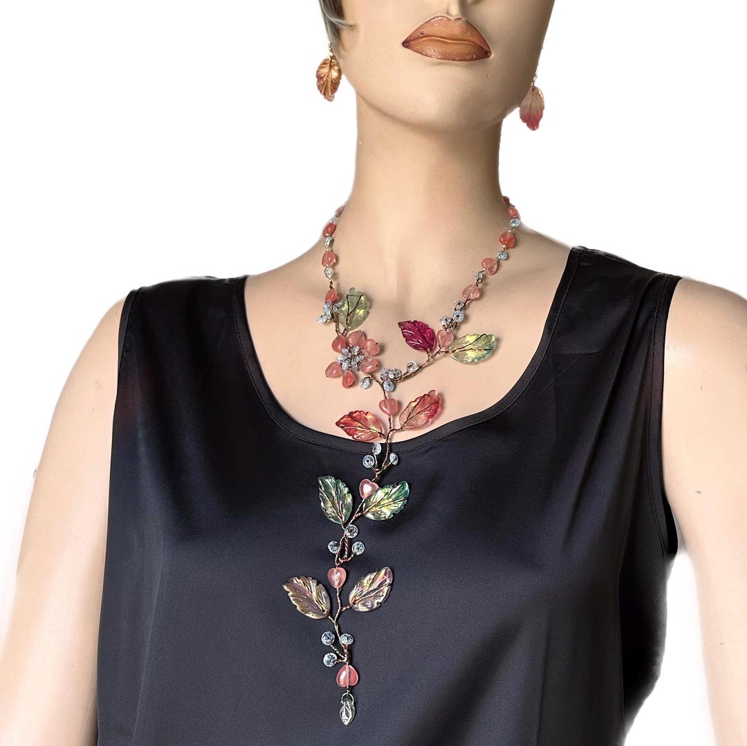 Handmade Botanical Jewelry Set With Colorful Glass Leaves and Pink ...
