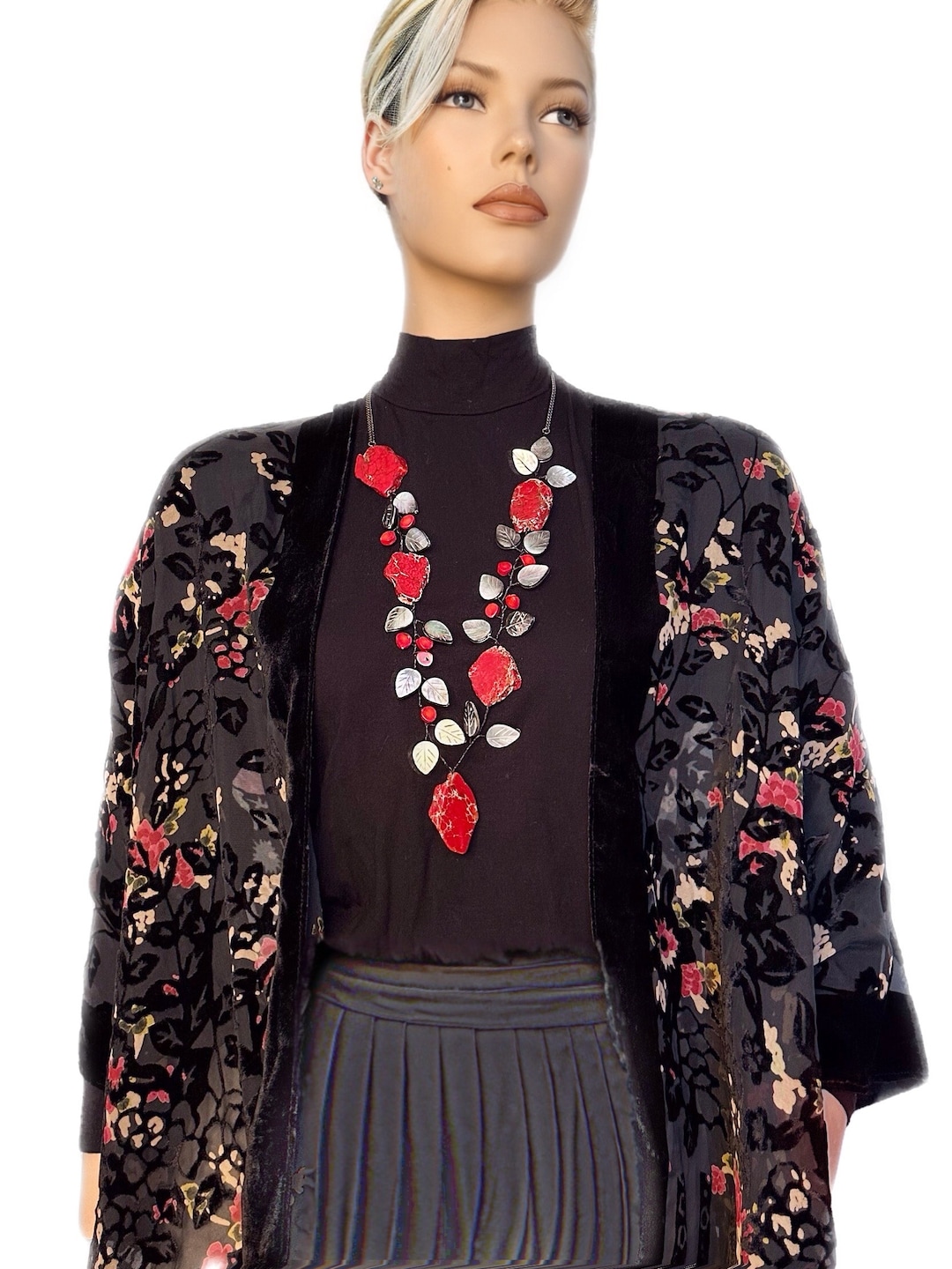 Red Black Outfit of A Floral Open Cardigan and a Large Red Gemstone ...